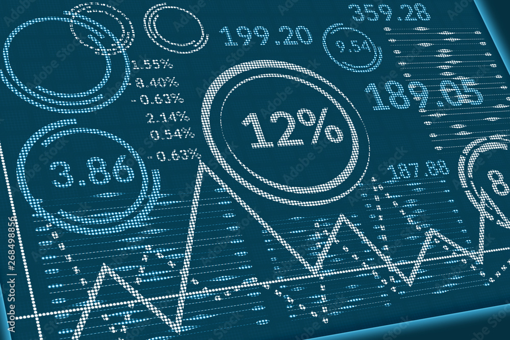 Business data on pixels screen. Perspective view of computer monitor or ...