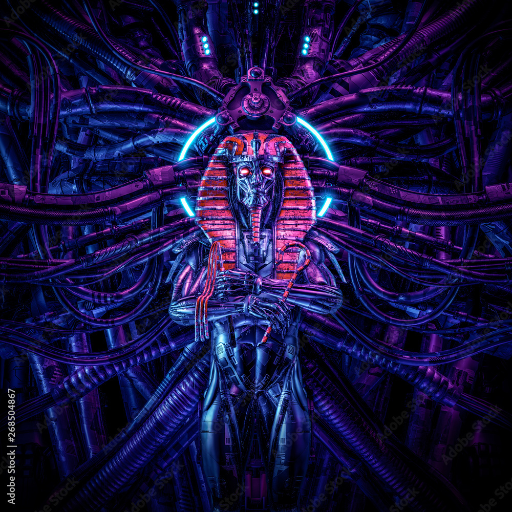 Tomb of the neo pharaoh / 3D illustration of metallic futuristic male ...