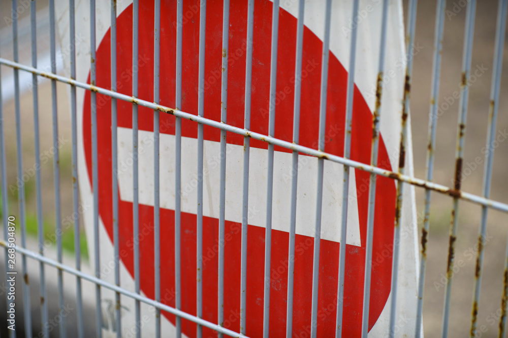 Red and White British No Entry Road Sign with Steel Fence, Red Stop ...
