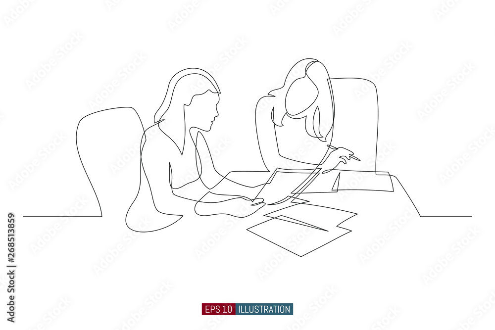 Continuous line drawing of two woman business brief, presentation or ...