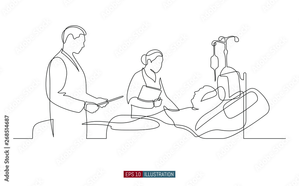 Continuous line drawing of doctors and patient. Hospital scene ...