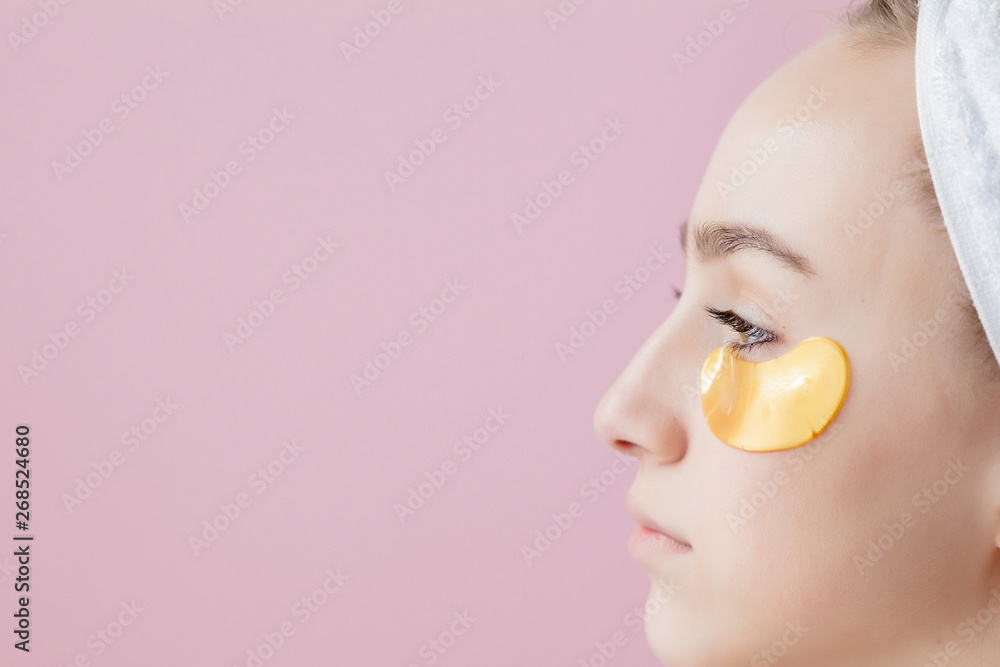Portrait of Beauty Woman with Eye Patches on pink background. Woman ...