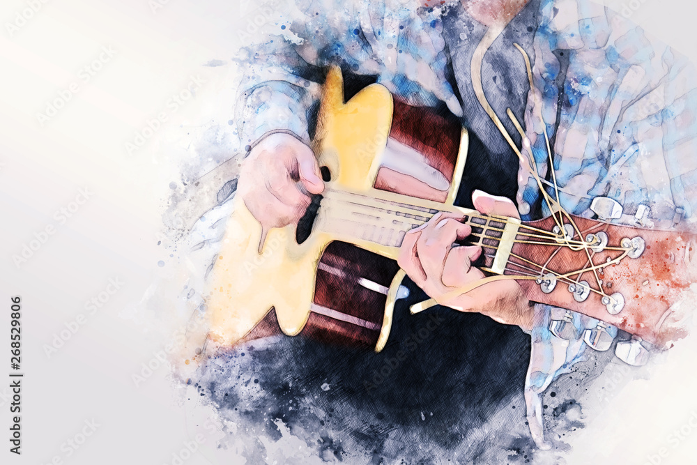 Abstract beautiful man guitarist playing acoustic guitar in the ...