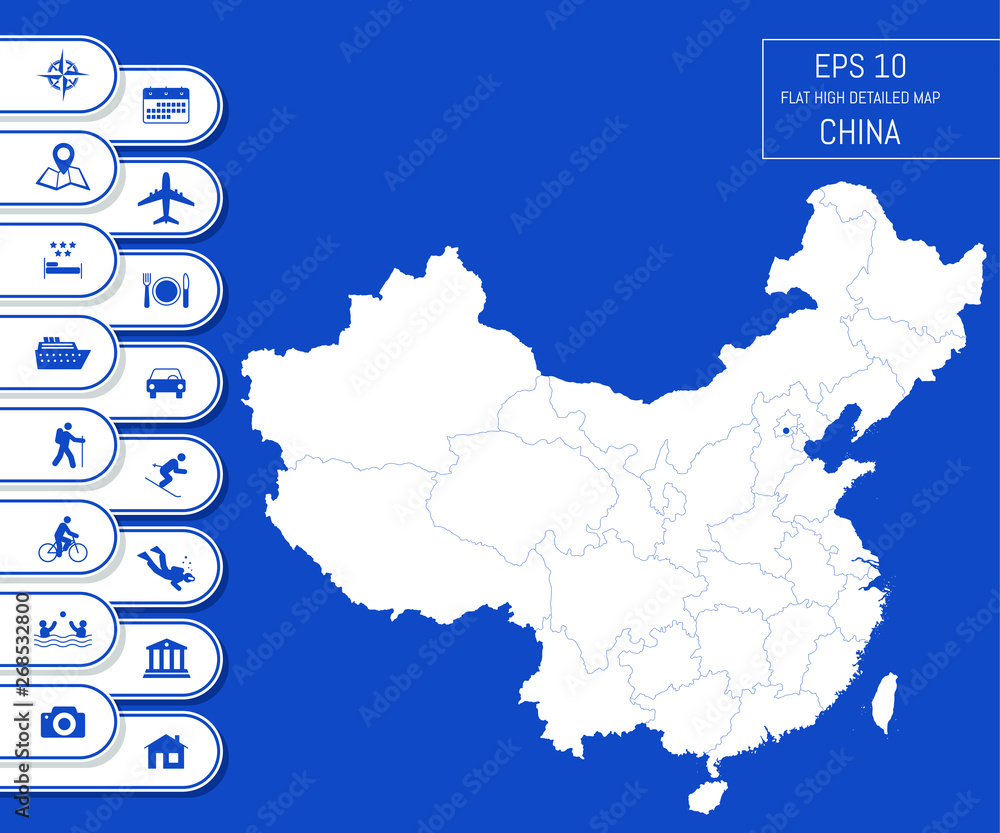 Flat high detailed China map. Divided into editable contours of ...