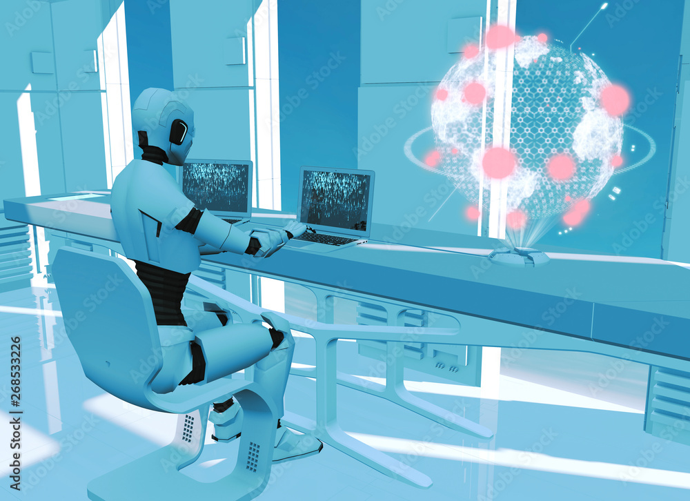 Artificial intelligence, robot. Cyborg on the computer. Sci-fi. Science ...