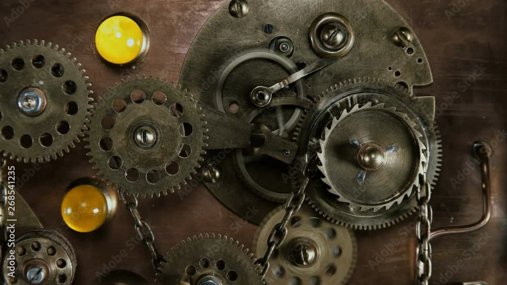 Video Stock Steampunk, a time machine with rotating gears, a chain ...