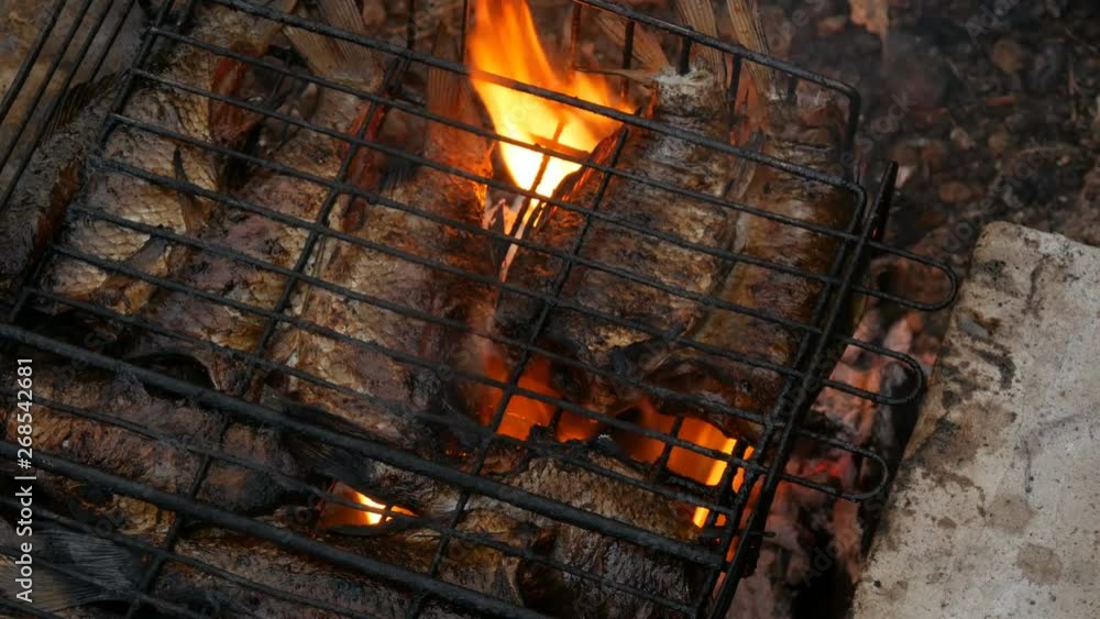 Freshwater river fish crucian carp Carassius fried on fire and smoke ...