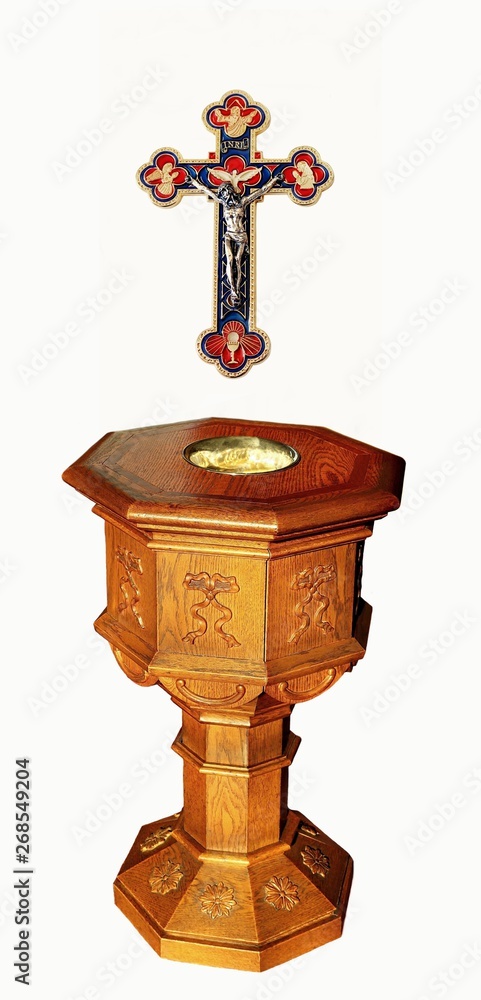 Crucifix with symbols for the Triune God over traditional eight sided ...