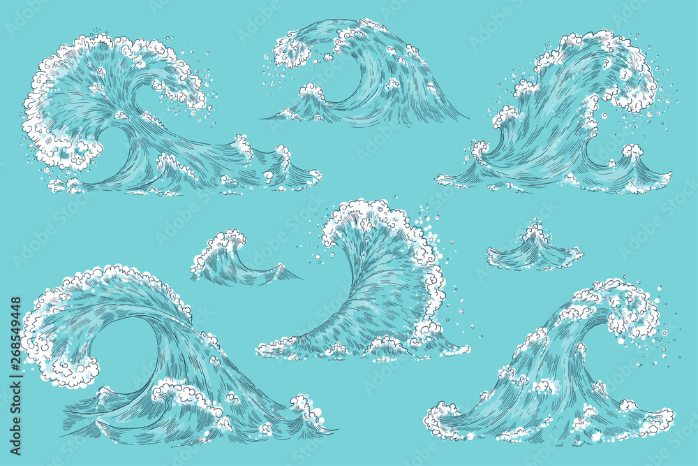 Hand drawn ocean wave. Vintage cartoon sea storm waves, tide water ...