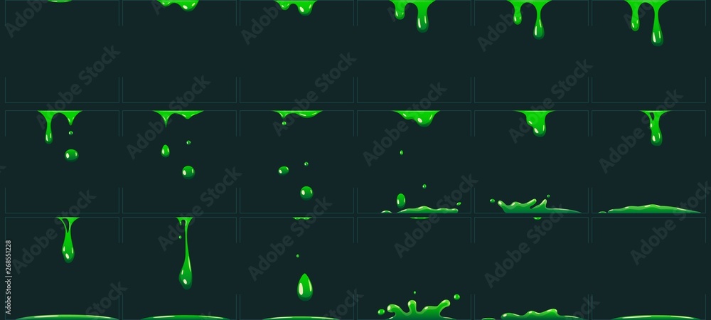 Dripping green slime animation. Cartoon animated toxic waste liquid ...