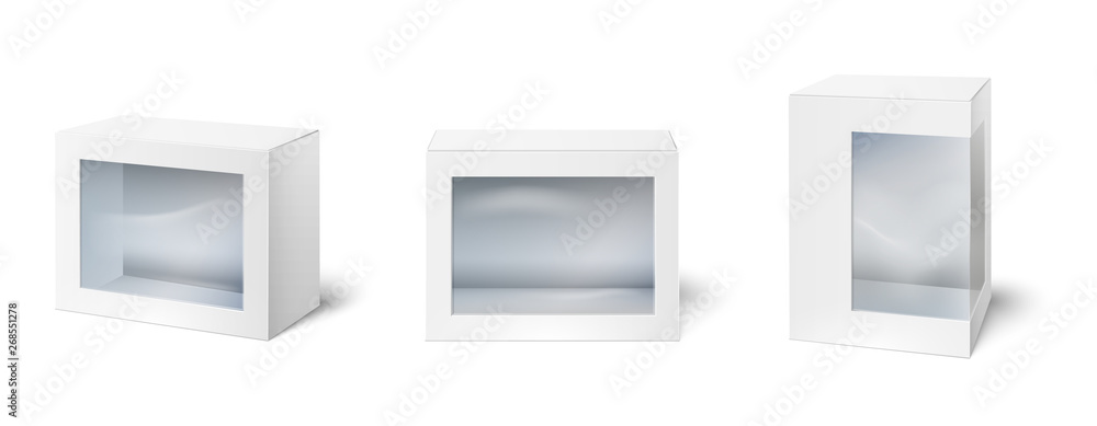 Box with window. Showcase packaging boxes, windows on cardboard package ...
