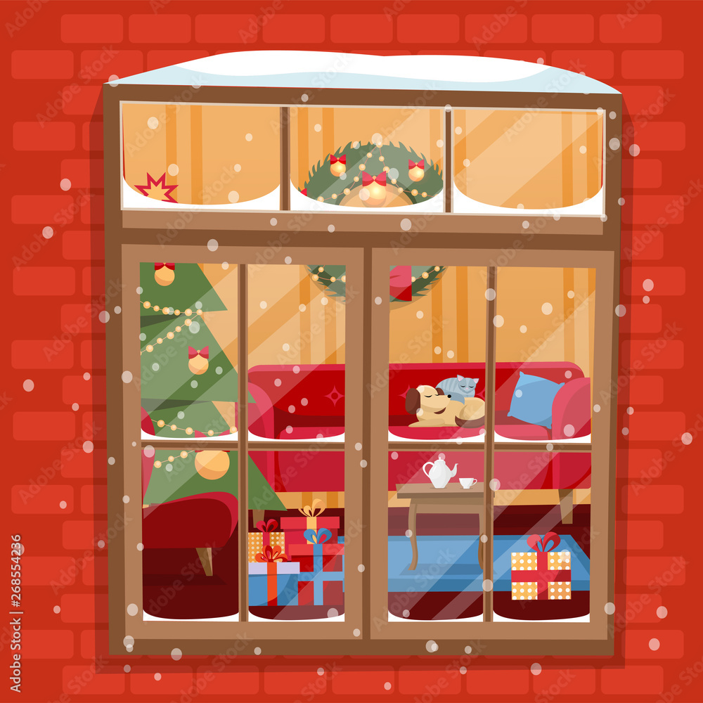 Winter night scene of window with Christmas tree, furnuture, wreath ...
