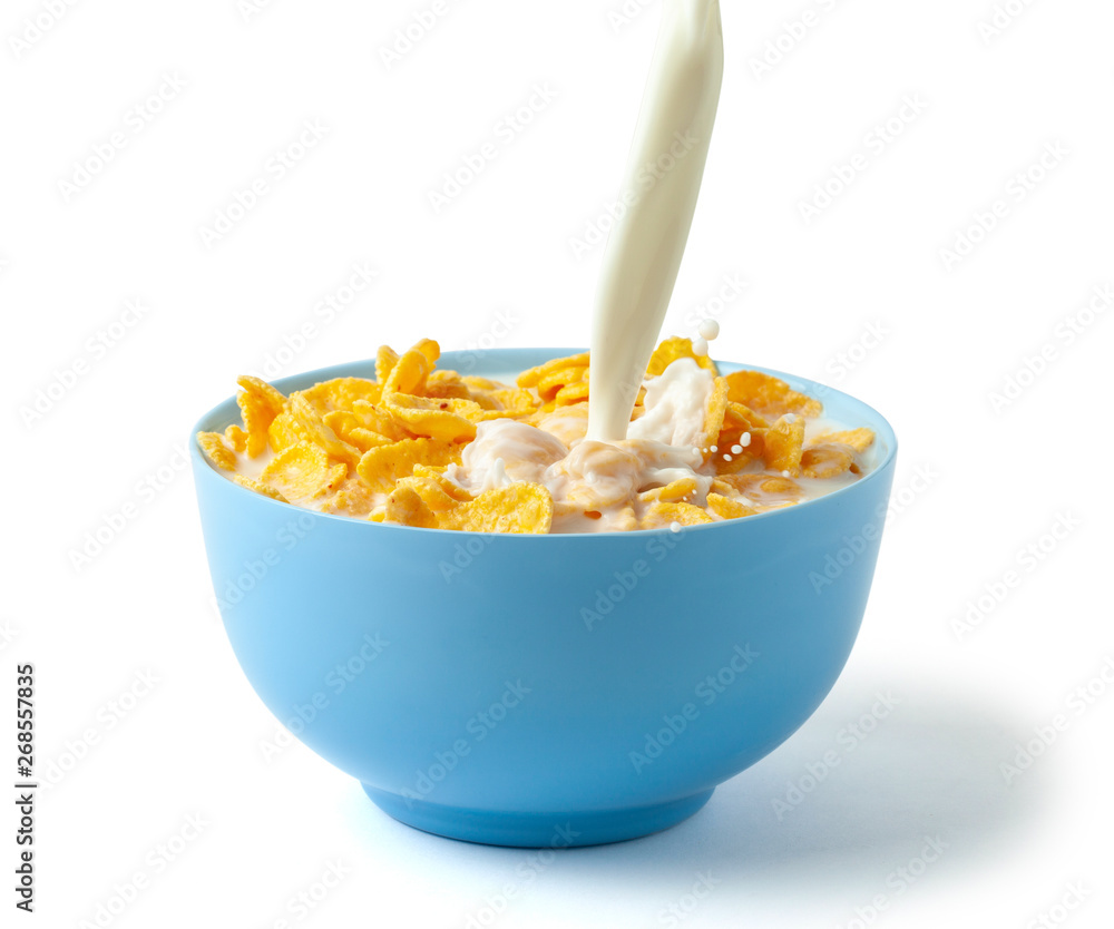 Cornflakes dry breakfast with milk. Stream of milk with cheese and ...