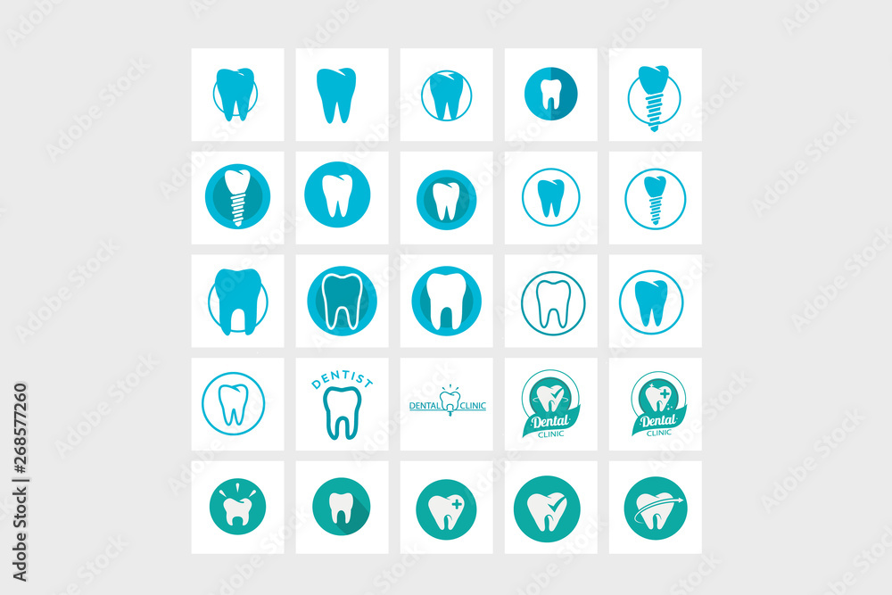 Set of tooth vector icons for dental clinics. A large set of logos for ...