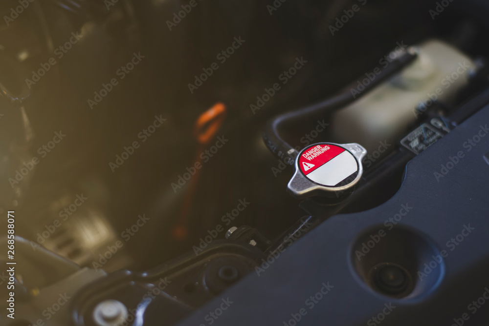 Car radiator cap, Installed on the engine, Close-up and Copy-space ...