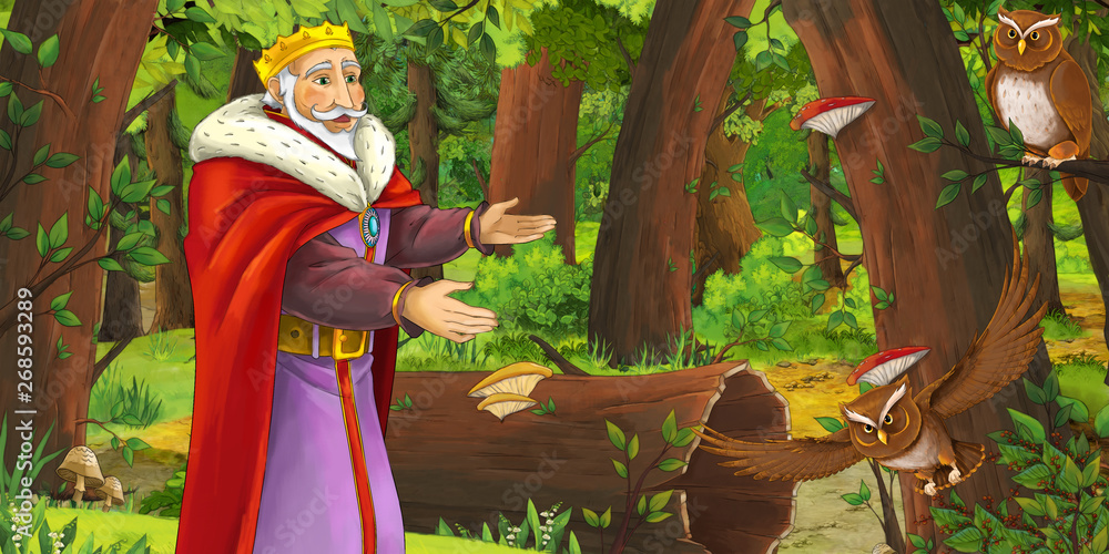 cartoon scene with happy king or prince in the forest encountering pair ...