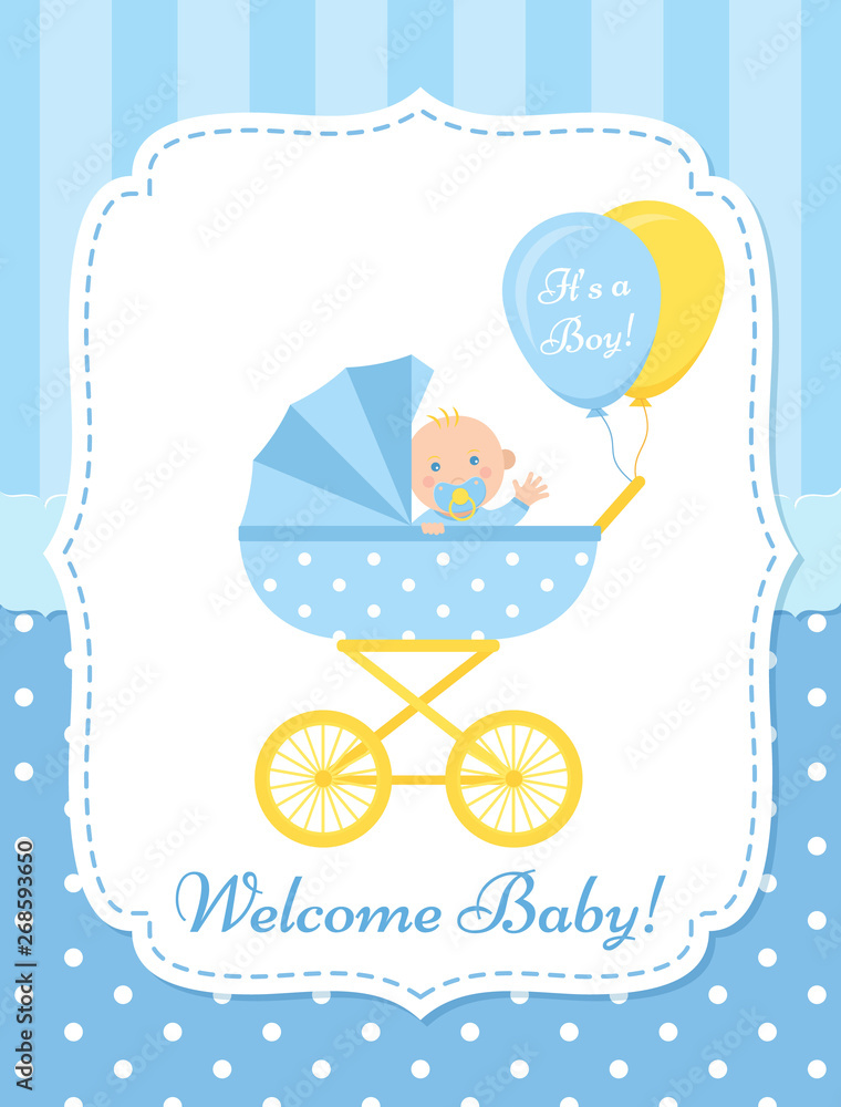Baby boy card. Vector. Baby Shower invite banner. Blue design ...