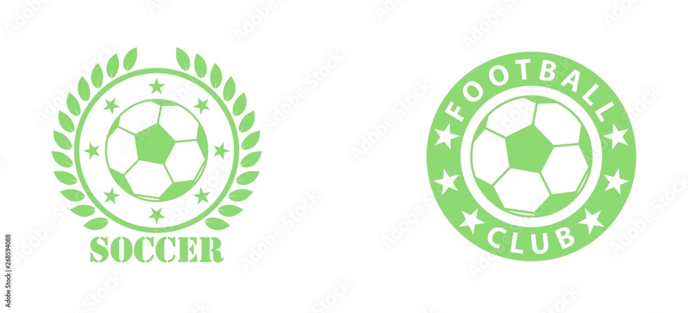 Soccer ball stars, bay leaves and text. Football club logo in green ...