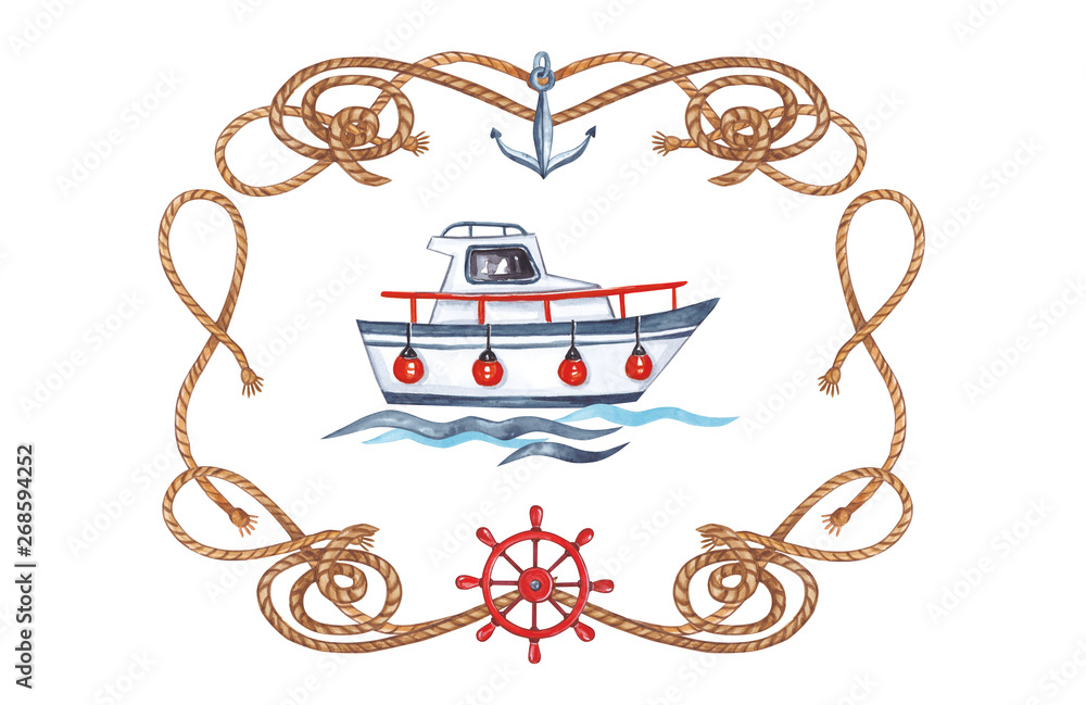 Watercolor illustration. Rope frame with steering wheel and anchor. In ...