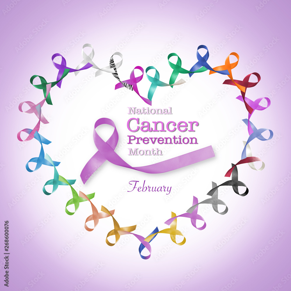 National cancer prevention month February text in heart cycle of multi ...