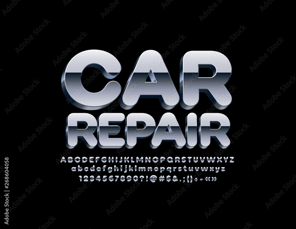 Vector business banner Car Repair. 3D metallic Font. Chrome Alphabet ...