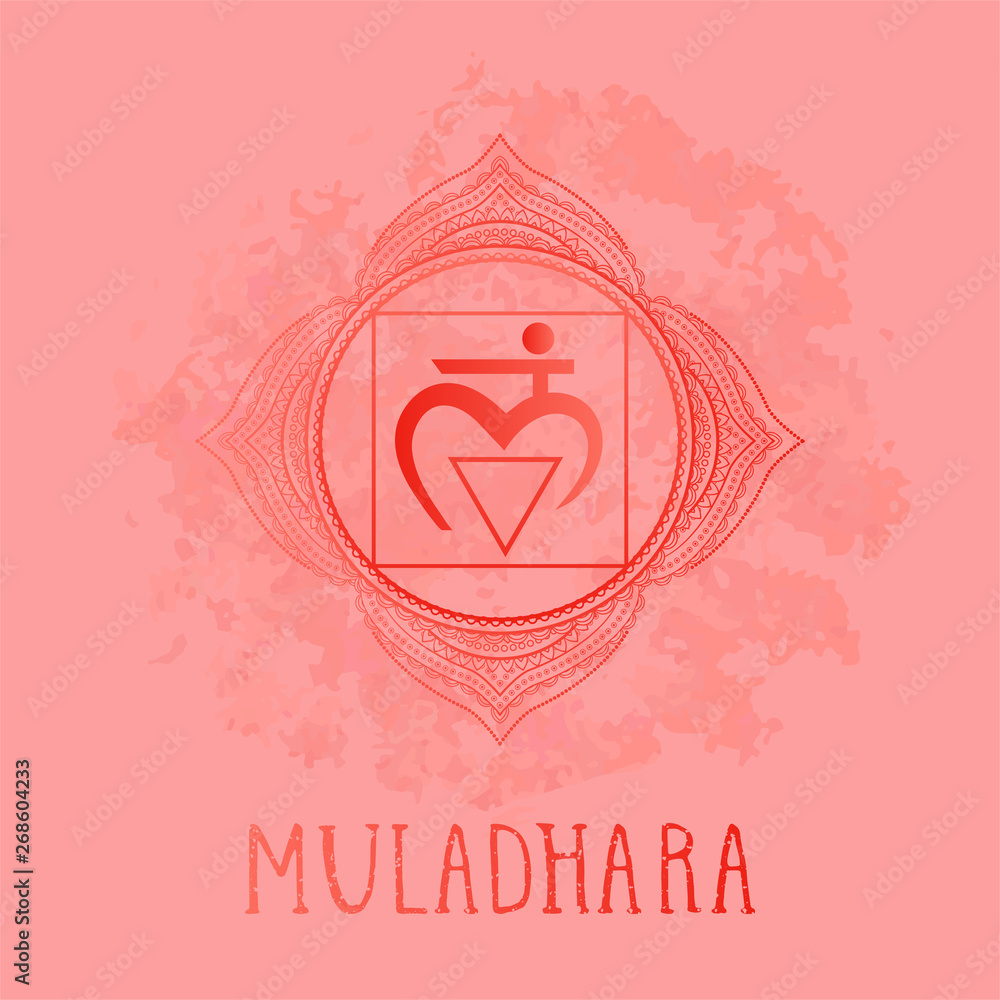 Vector illustration with symbol chakra Muladhara on watercolor ...