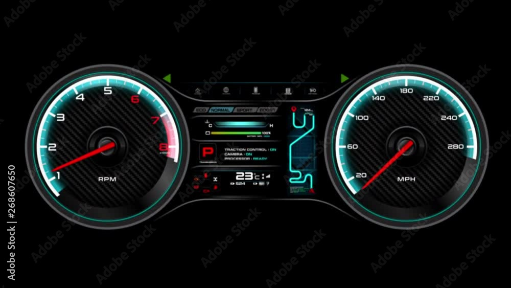 Car dashboard animation speedometer and round per minute meter cyber ...