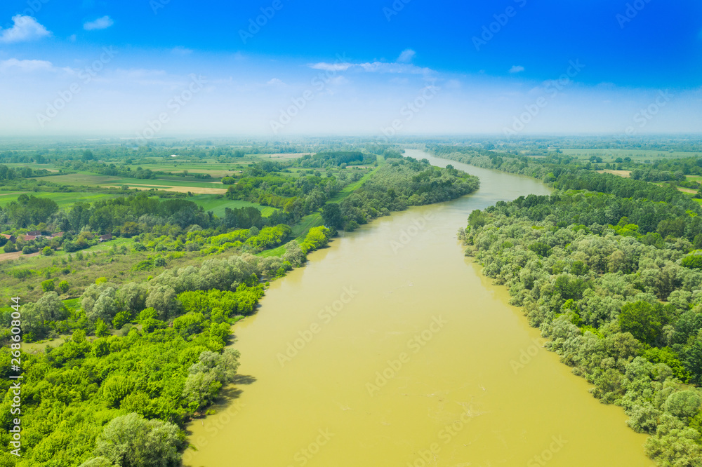 Sava river fron air, landscape in nature park Lonjsko polje, Croatia ...