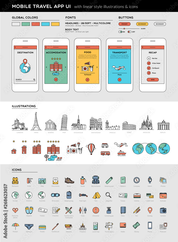 Mobile Travel App UI with linear style illustrations and icons. Stock ...