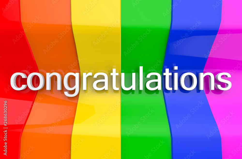 3d rendering. Congratulations word on Lgbt rainbow curve wall ...