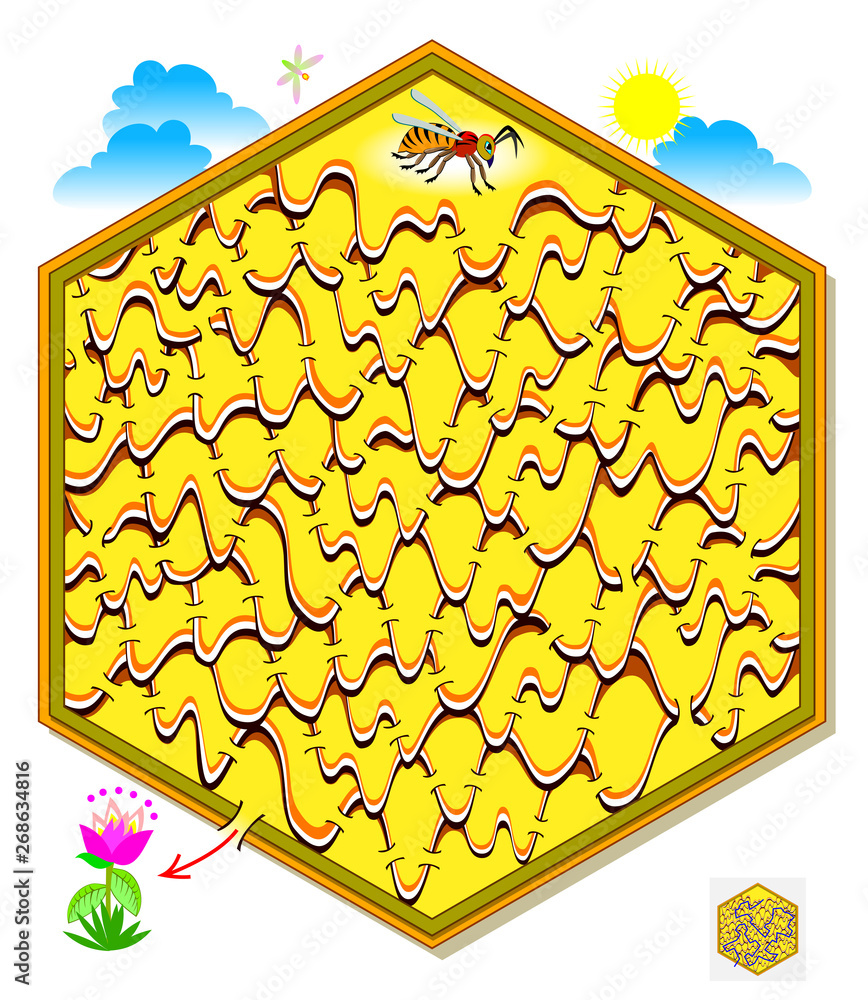 Logic puzzle game with labyrinth for children and adults. Help the bee ...