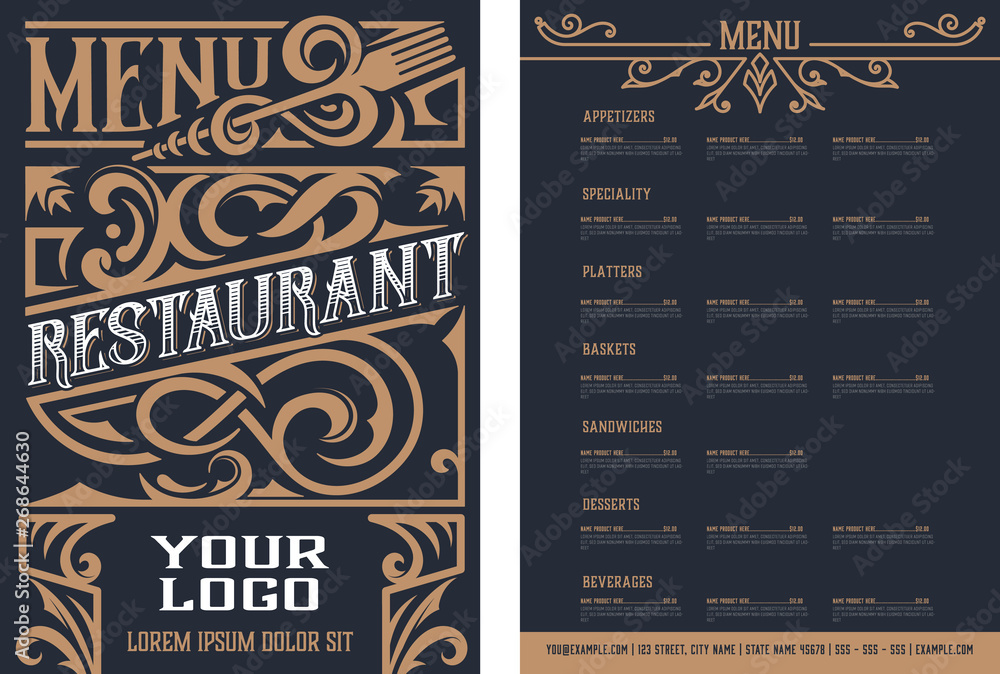 Vintage restaurant menu design template. Vector layered. Stock Vector ...