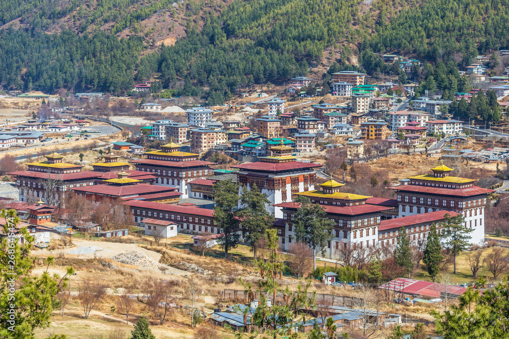 Tashichho Dzong, also known as the Dzong of Thimphu Stock Photo | Adobe ...