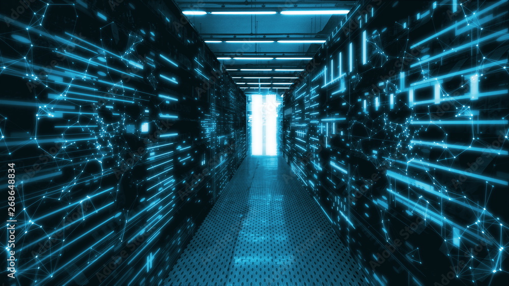 3D Rendering of data center room with abstract data servers and glowing ...
