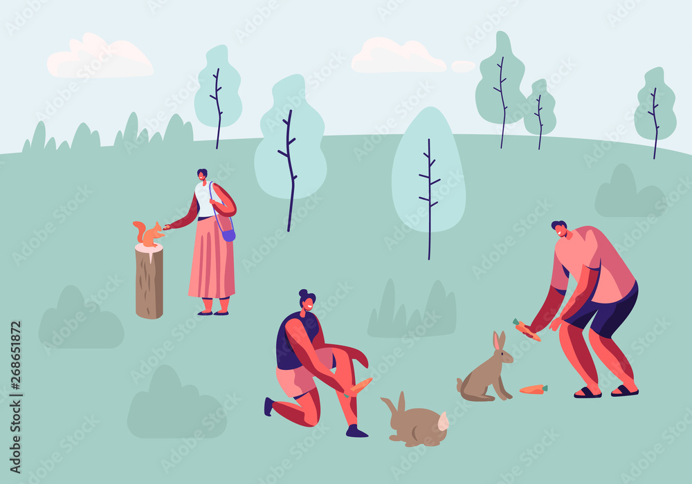 Male and Female Characters Spend Time in Outdoor Zoo, Communicating and ...