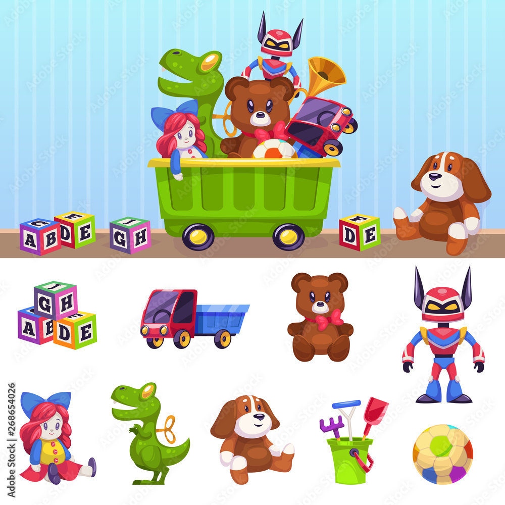 Kids toys box. Children toy container with playing blocks cars house ...