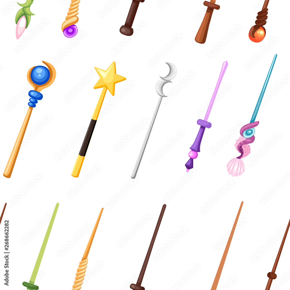 Seamless pattern. Magic wand set. Fantasy staff collection. Magical ...