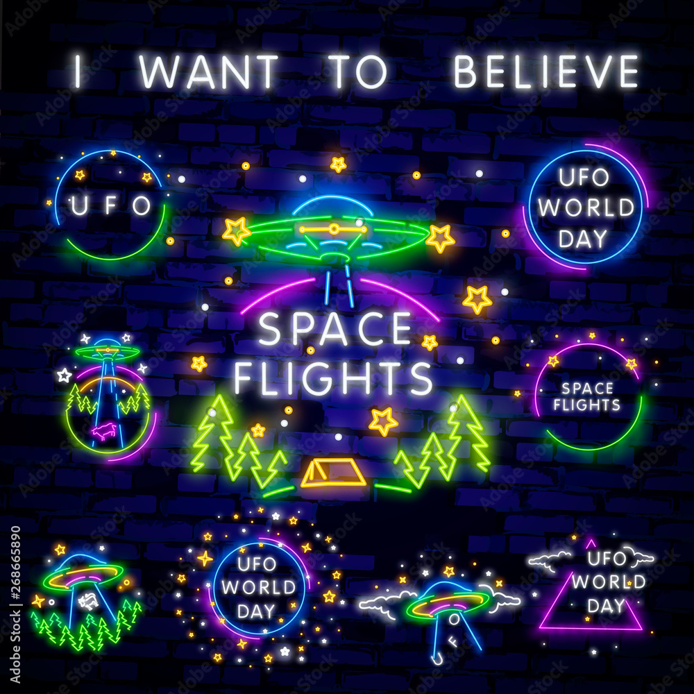 Space Neon sign UFO. Retro neon. Cosmic Theme design template concept ...