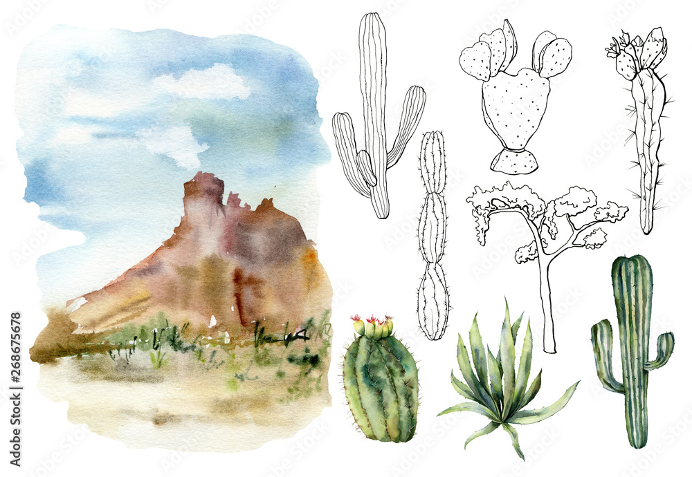 Watercolor and sketch mexican landscapes set. Hand painted constructor ...