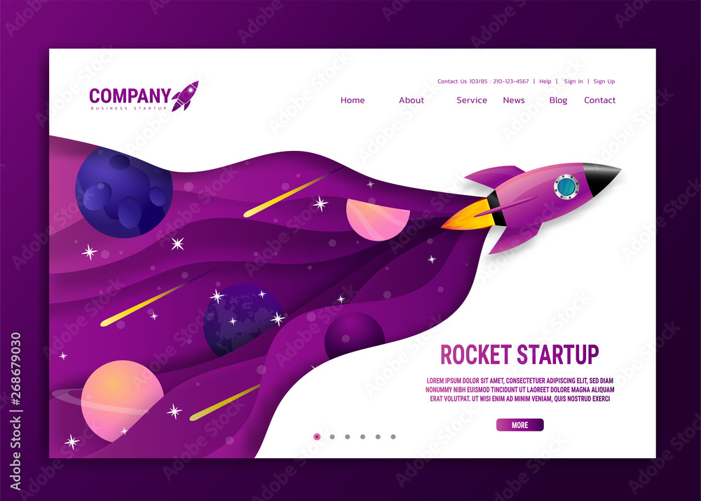 Website landing home page with rocket. Business project startup and ...