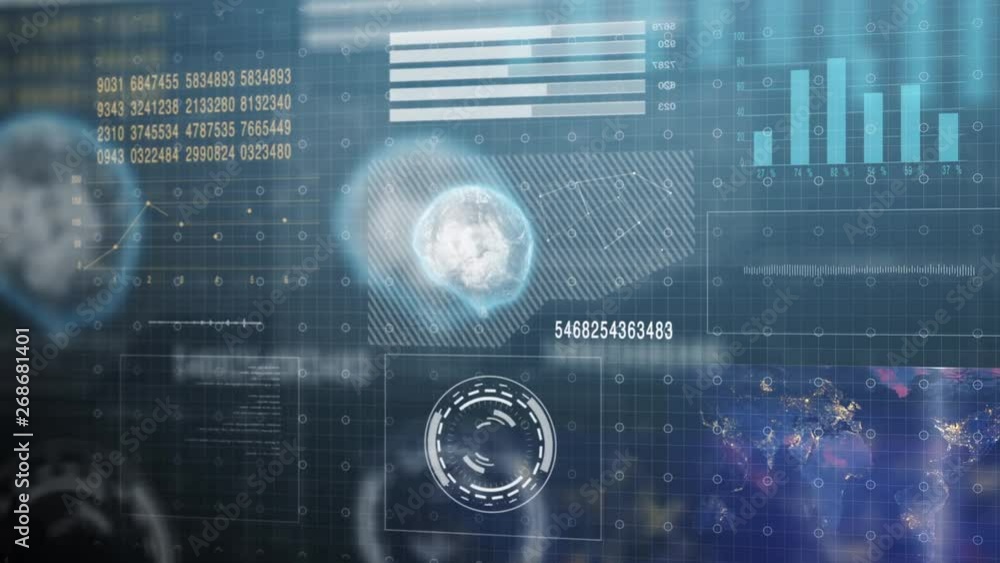 3D animation of 2D graphics, graphs and charts across a screen showing ...