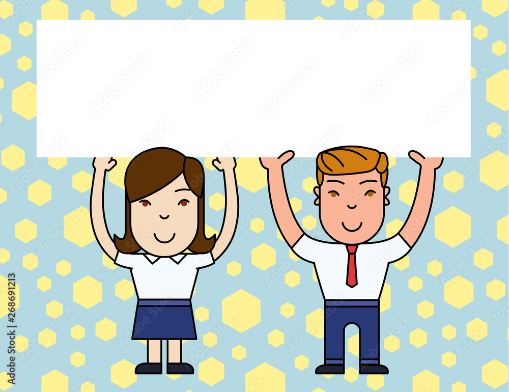 Two Smiling People Holding Big Blank Poster Board Overhead with Both ...