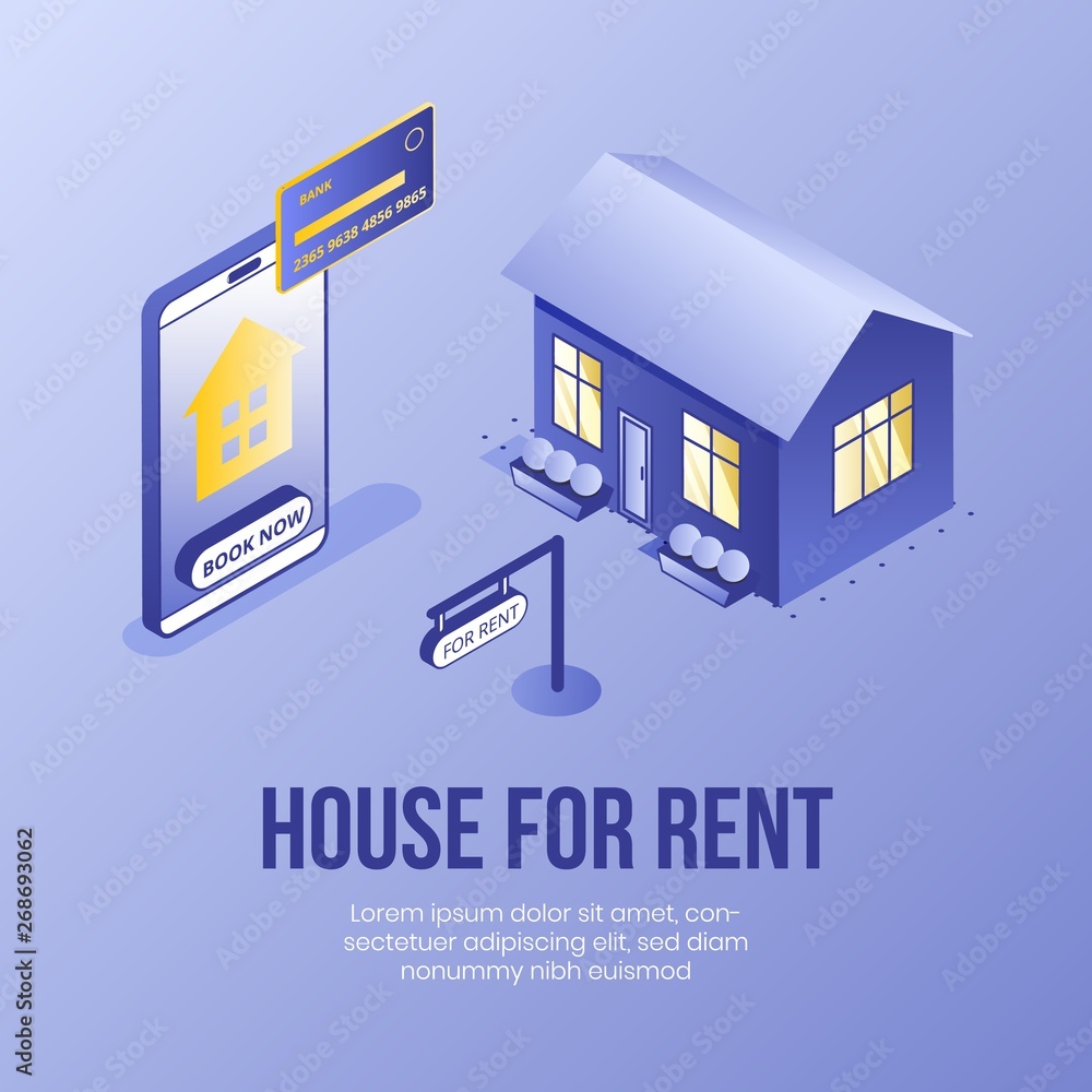 Digital isometric design concept scene of online house rent service app ...