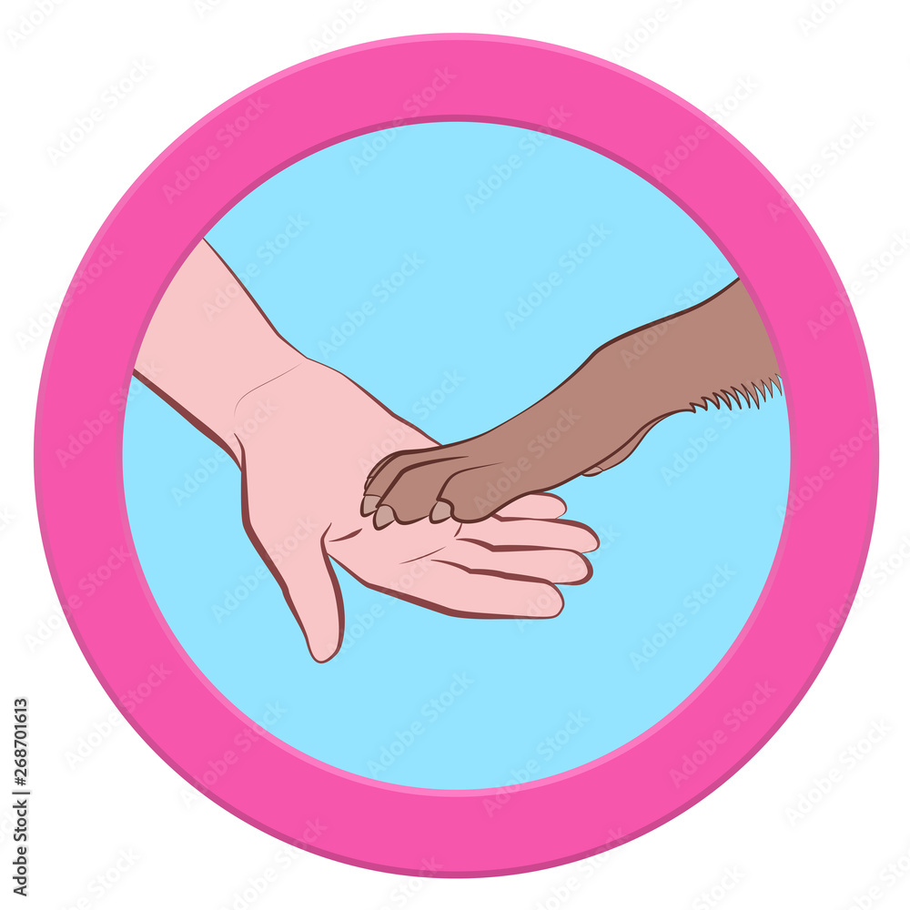 Dogs paw and human hand giving paws. Round pink logo symbol vector ...