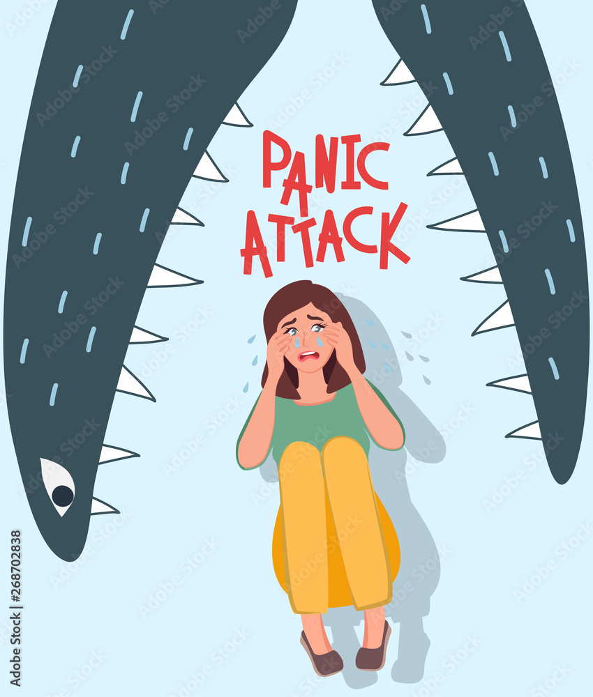 The girl has a panic attack, she cries with fear, feels anxiety, pain ...