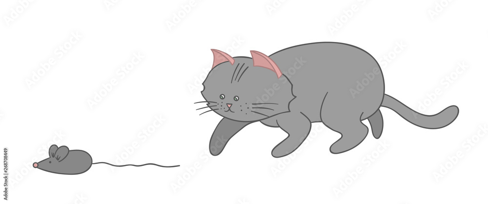 Vector illustration of a cat hunting a mouse. Cute kitten clip art ...