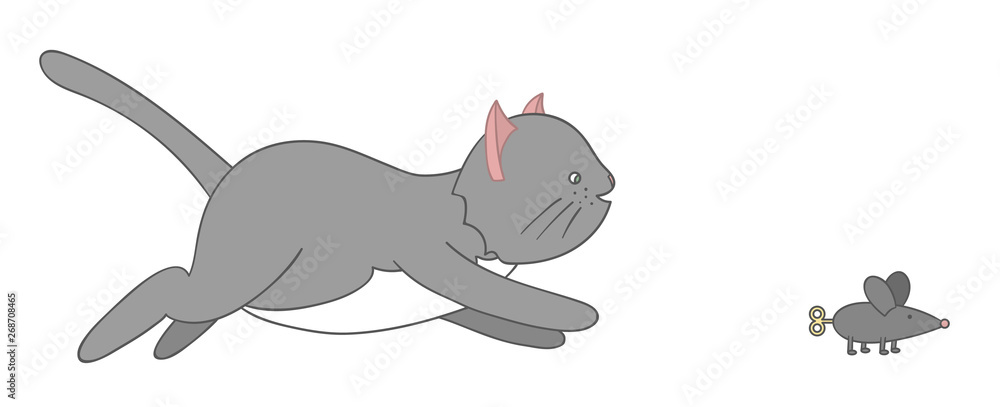 Vector illustration of a cat hunting a mouse. Cute kitten clip art ...