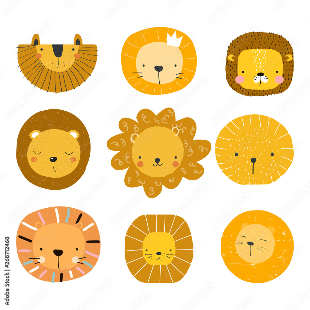 Set of cute lion faces. Kids graphic for print or poster. Vector hand ...