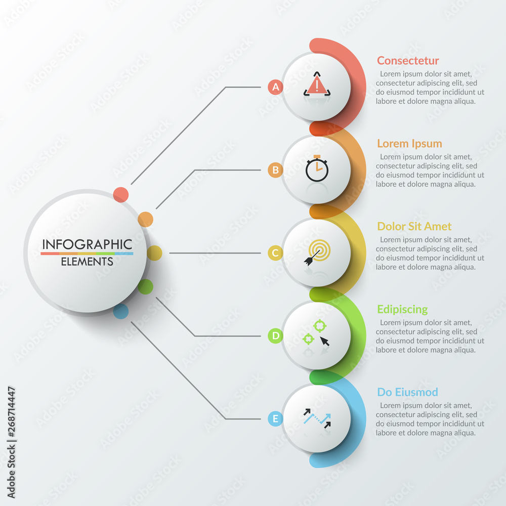 Vecteur Stock Five circles with linear symbols inside placed into ...