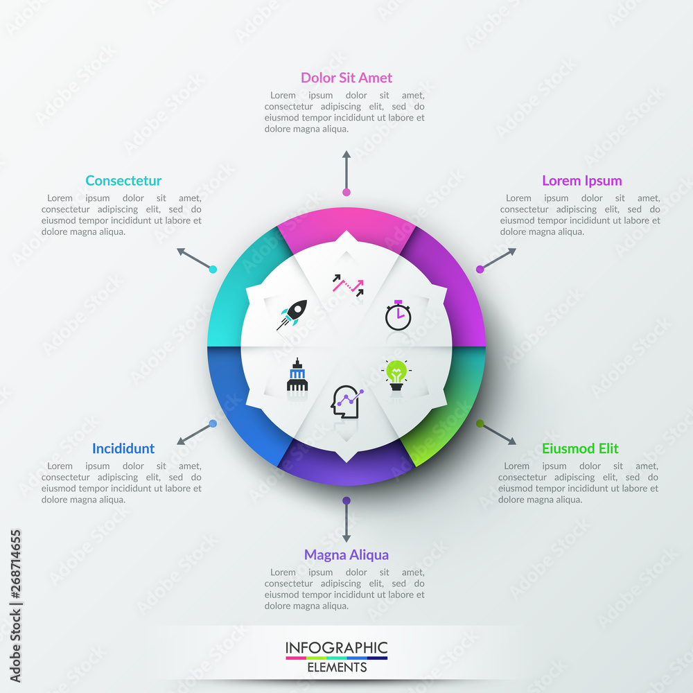 Round pie chart divided into 6 colorful pieces with thin line icons ...